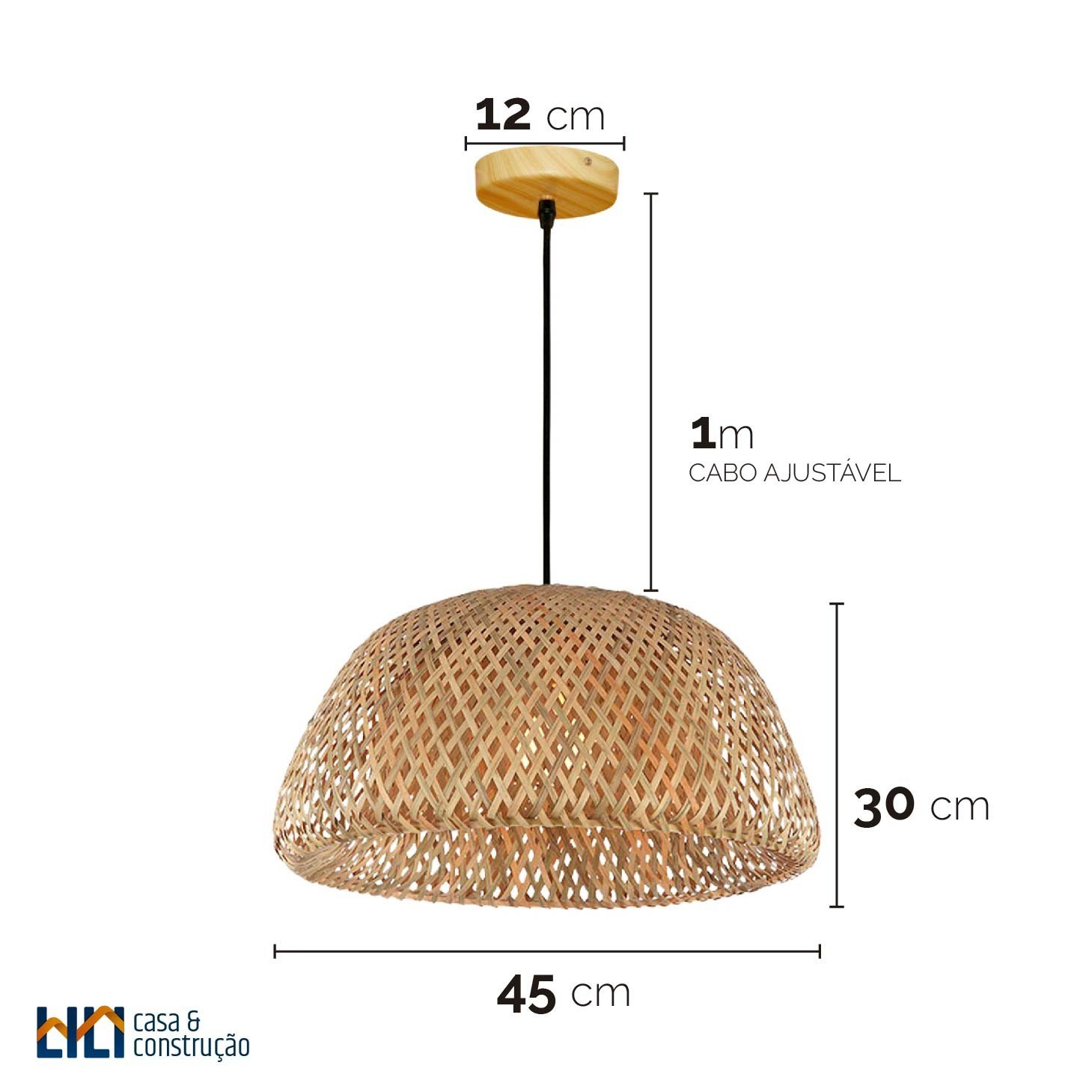 Luminária Pendente Bambu Fibra Natural 45cm 1xE27 Lili Casa